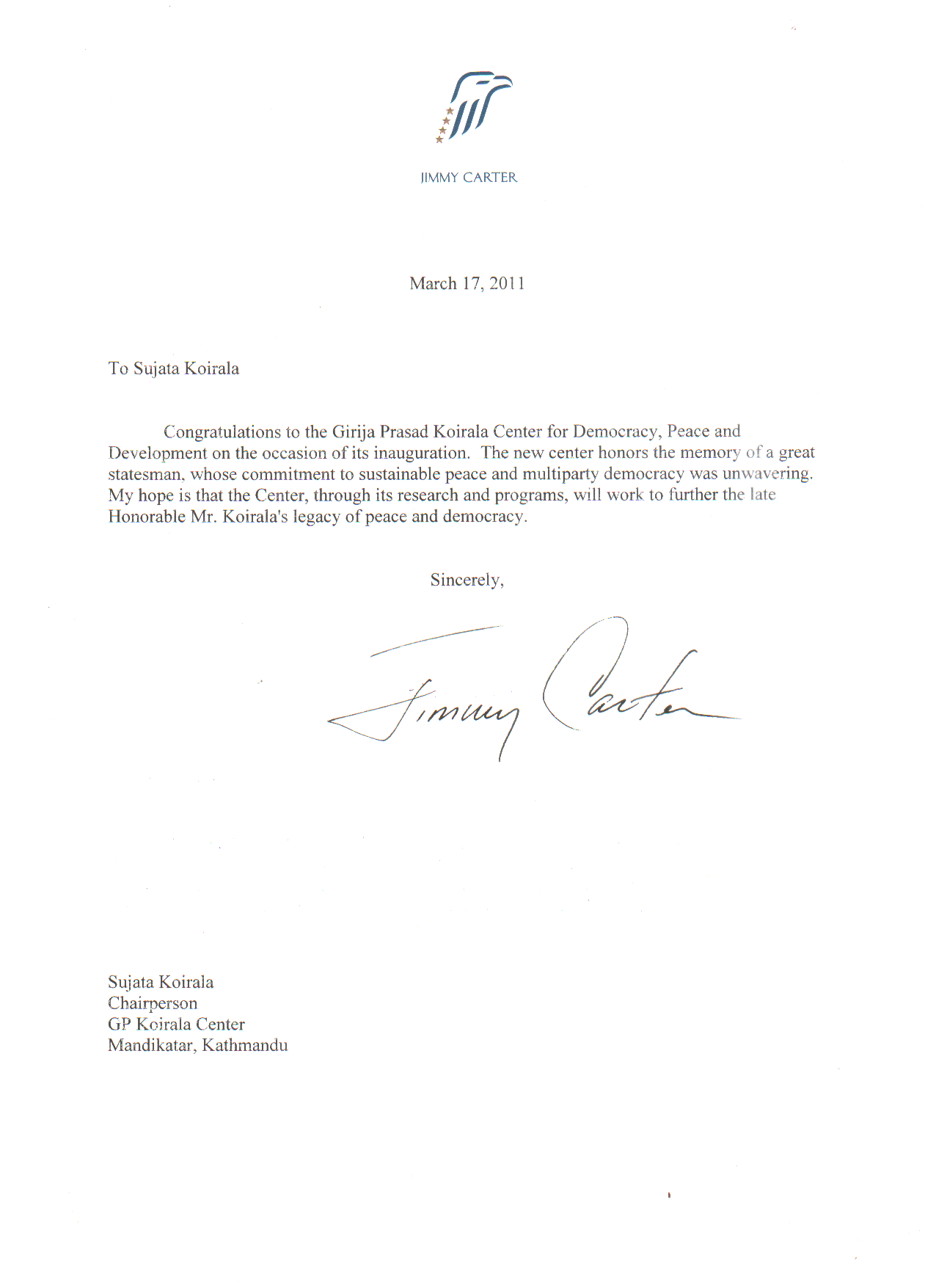 Letter From Jimmy Carter , USA - GPK Foundation